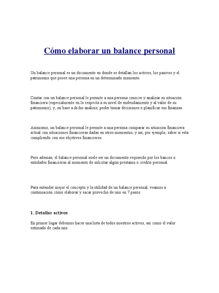 Elaborar Un Balance Personal | PDF | Bancos | Hoja de balance