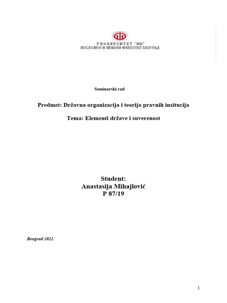 Elementi Drzave I Suverenost - Drzavna Organizacija | PDF