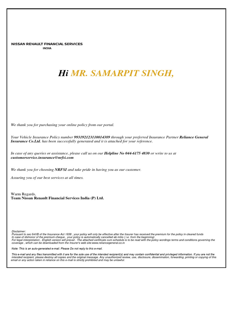 Vehicle Insurance Confirmation | PDF