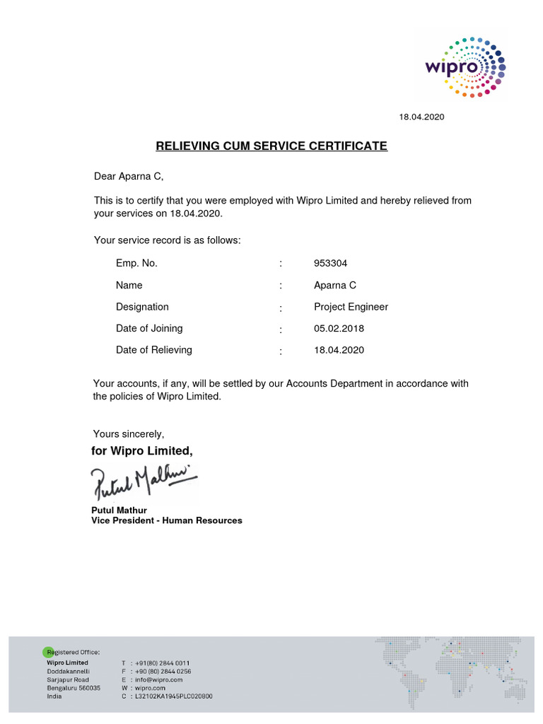 Relieving Letter - Wipro | PDF