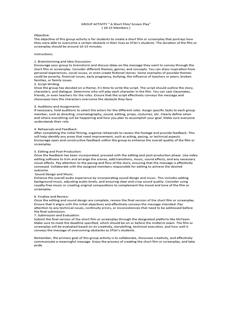 GROUP ACTIVITY. Film Showing | PDF | Screenplay | Goal