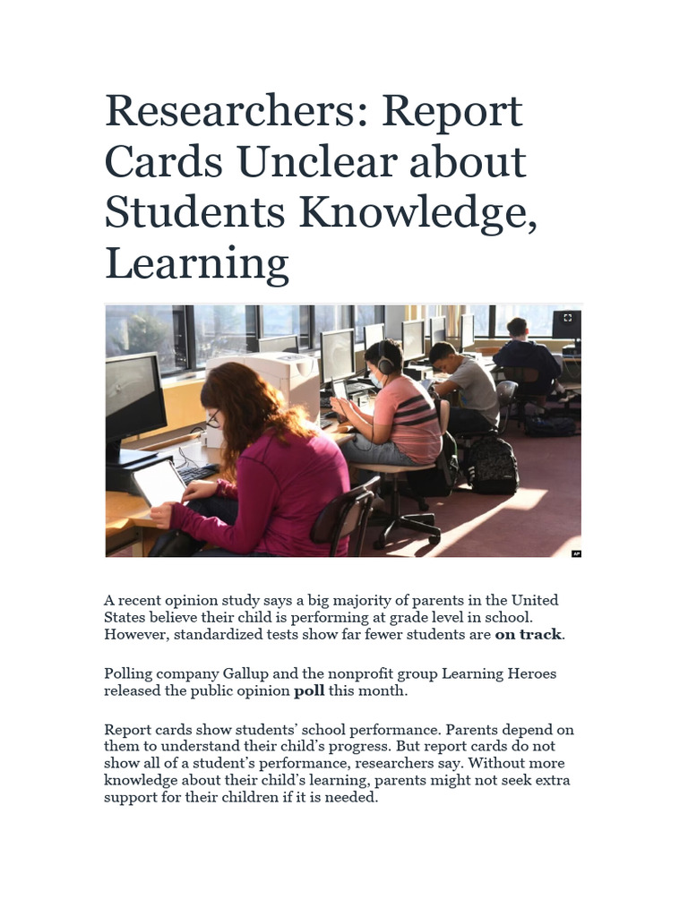 Researchers Report Cards Unclear About Students Knowledge, Learning ...