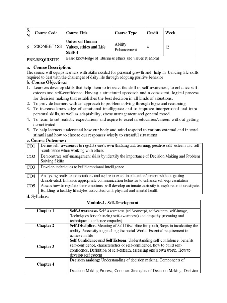 Universal Human Values Ethics And Life Skills I Pdf Self Esteem