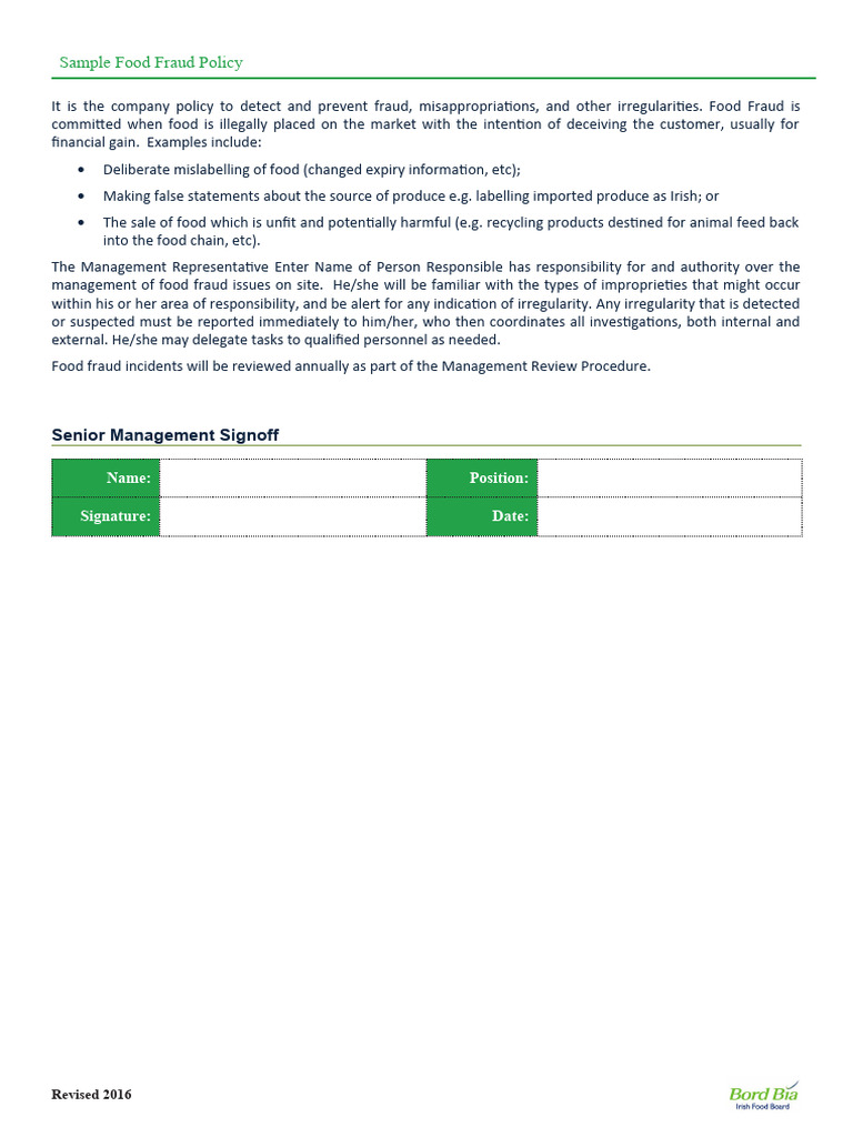 Sample Food Fraud Policy Template | PDF