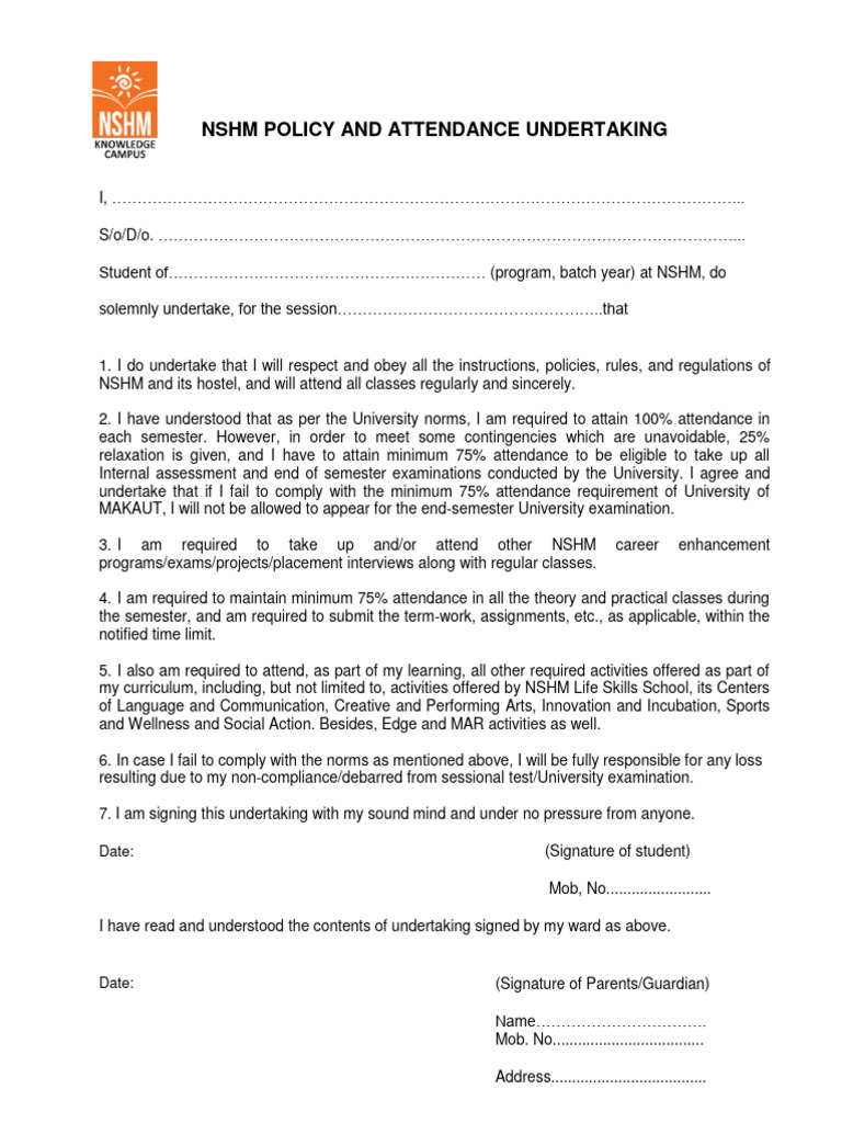 Policy and Attendance Undertaking Form | PDF