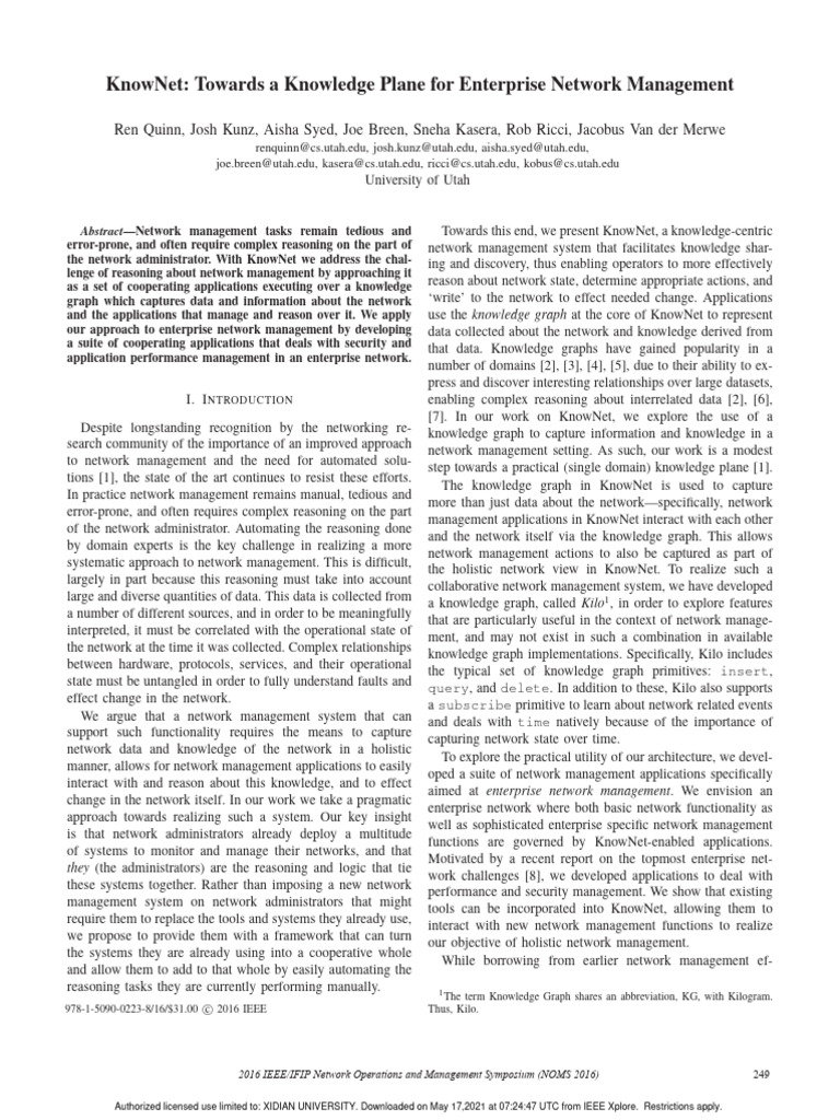 KnowNet - Towards A Knowledge Plane For Enterprise Network Management ...