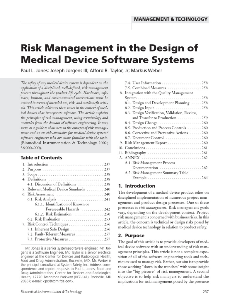 Risk Management in The Design of Medical Device Software Systems | PDF ...