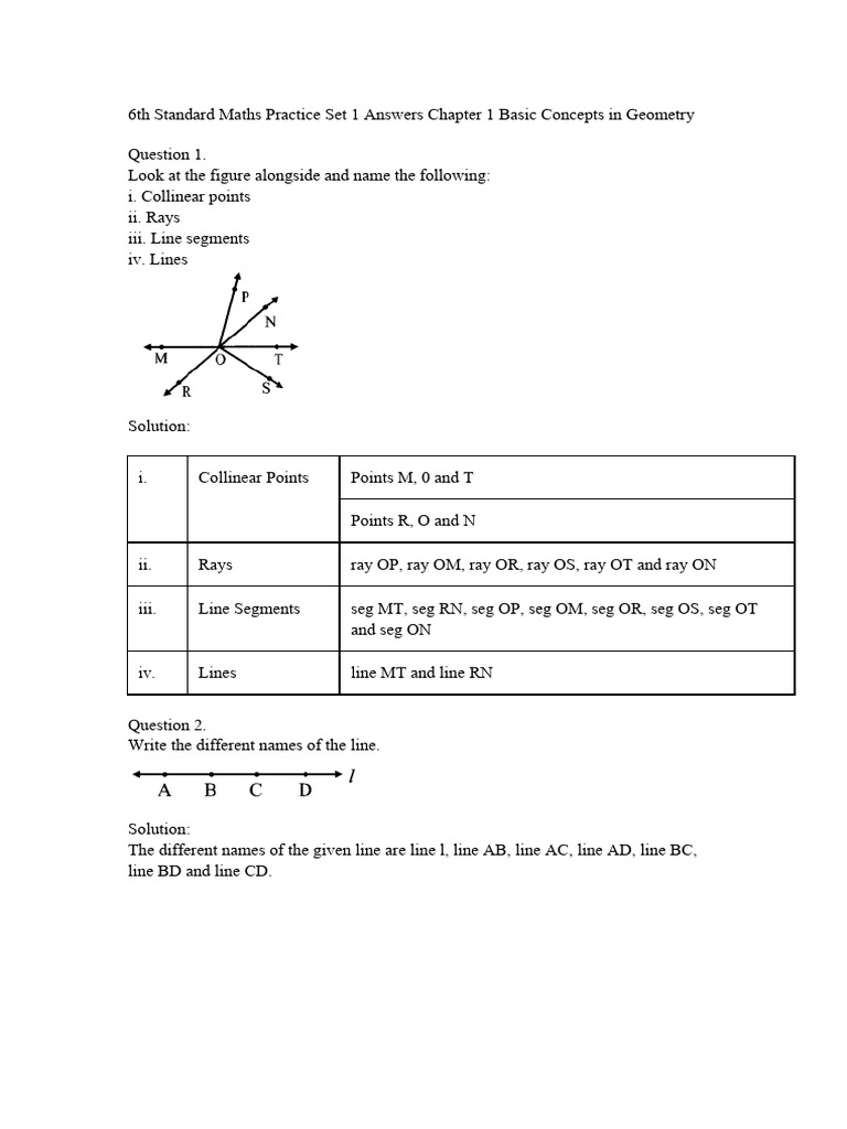 6th Standard Maths Practice Set 1 Answers Chapter 1 | PDF | Line ...