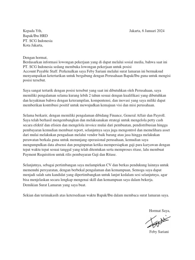 Surat Lamaran Account Payable Staff - PT. SCG Indonesia | PDF