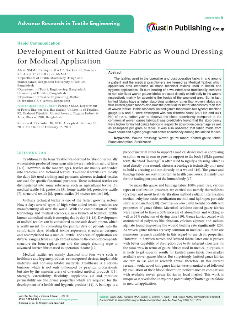 Knitted Gauze Fabric for Wound Dressing | PDF | Textiles | Materials