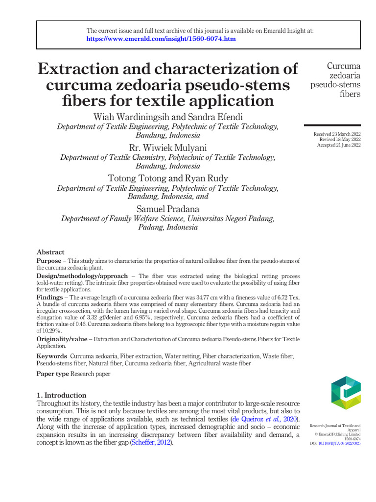 Extraction and Characterization of Curcuma Zedoaria Pseudo Stems Fibers ...