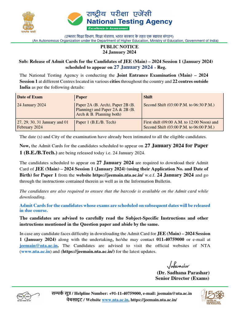 JEE Main 2024 Admit Card Release Notice | PDF | Standardized Tests ...