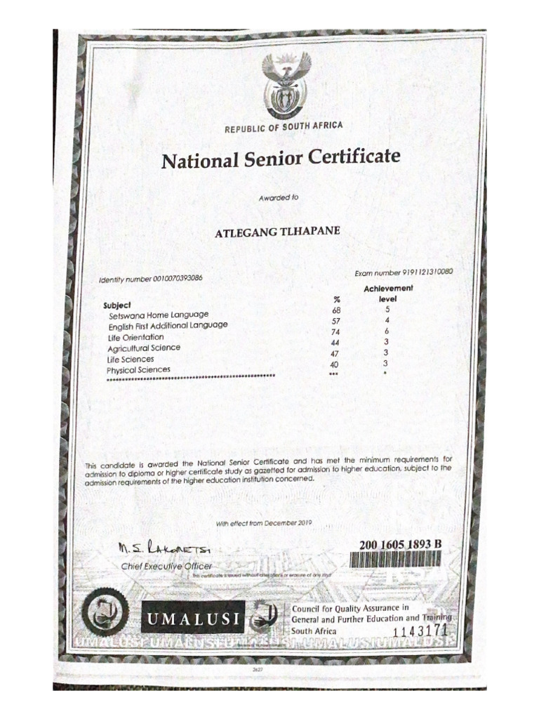 National Senior Certificate 3 | PDF
