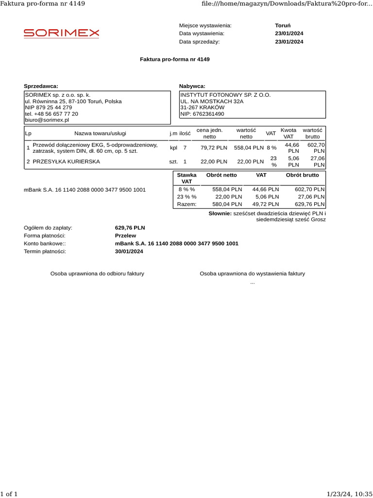 Faktura Pro-Forma NR 4149 | PDF