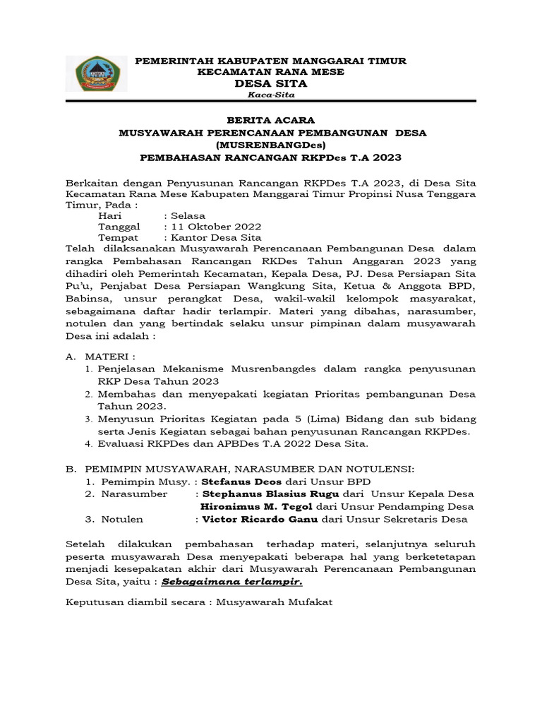 BA Musrenbang RKPDEs 2023 | PDF