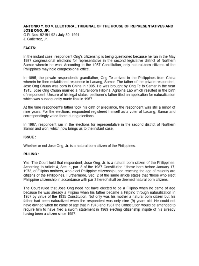 Co v. Electoral Tribunal: Citizenship Ruling | PDF | Citizenship ...