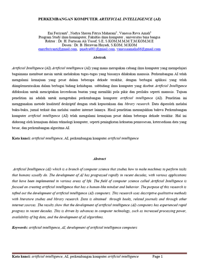 Jurnal Perkembangan Komputer Artificial Intelligence (Ai) | PDF | Komputer