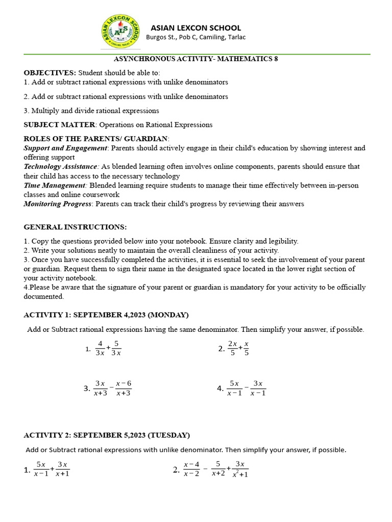 Math 8: Operations on Rational Expressions | PDF | Learning