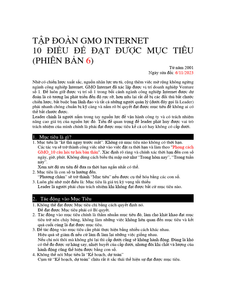 Tap Doan GMO Internet - 10 Dieu de Dat Muc Tieu - 20231106 - v06F | PDF