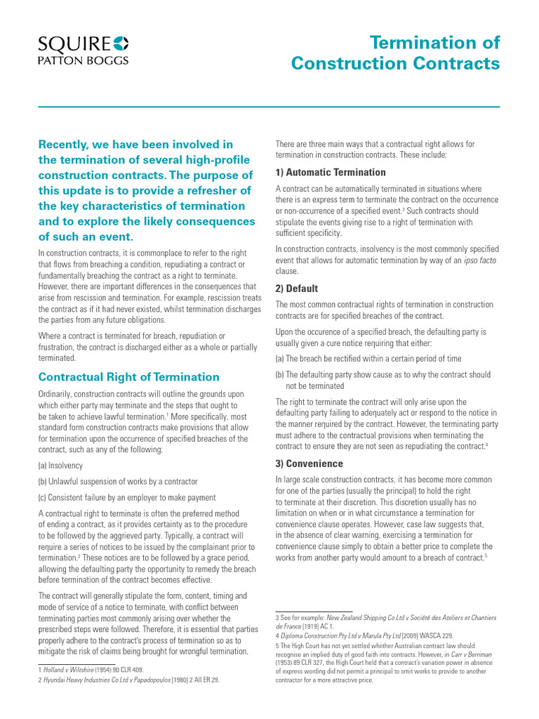 Termination of Construction Contracts | PDF | Breach Of Contract | Law Of Obligations