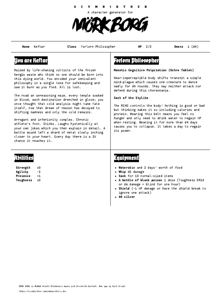 MÖRK BORG Forlorn Philosopher Character | PDF