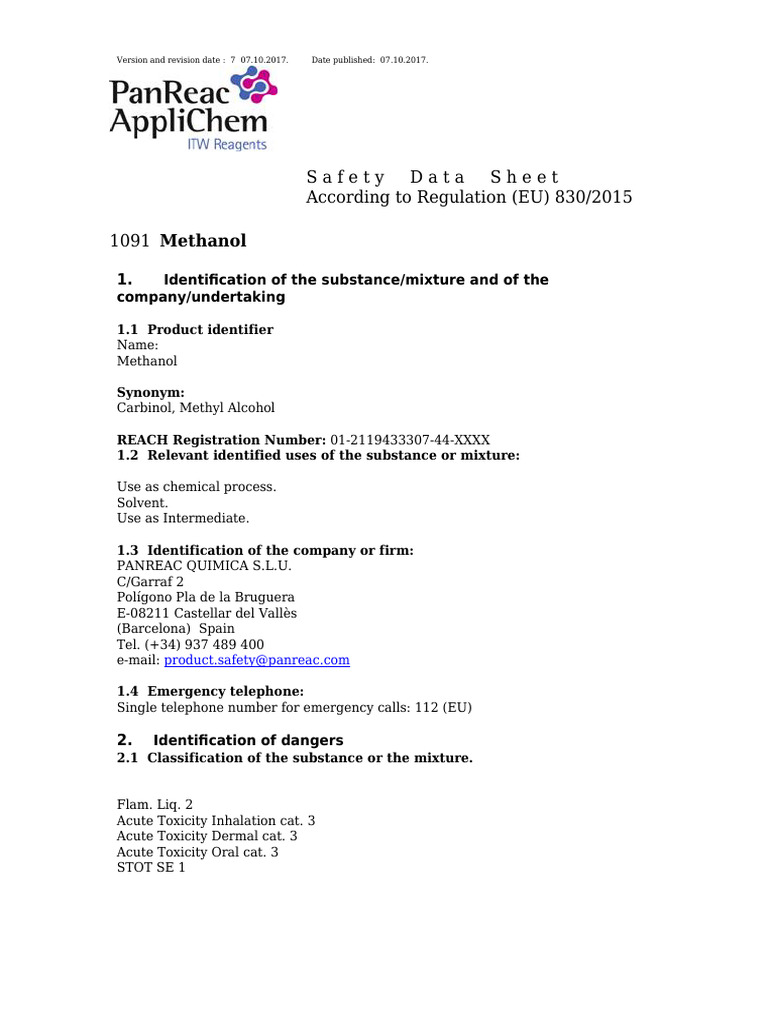 Methanol Safety Data Sheet (MSDS) | PDF | Dangerous Goods | Toxicity