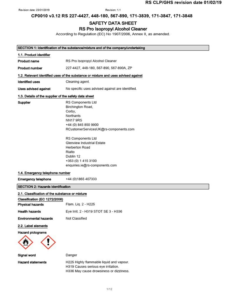 RS Pro Isopropyl Alcohol Cleaner SDS | PDF | Firefighting | Toxicity