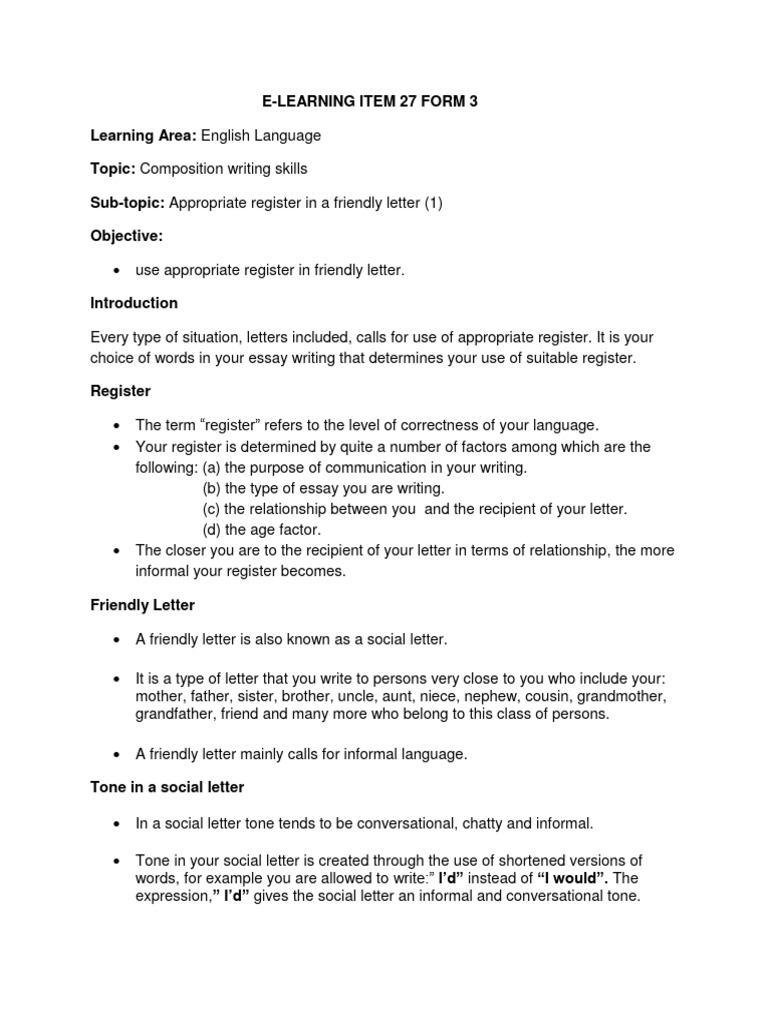 Composition Skills-Appropriate Register in A Friendly Letter 1 | PDF