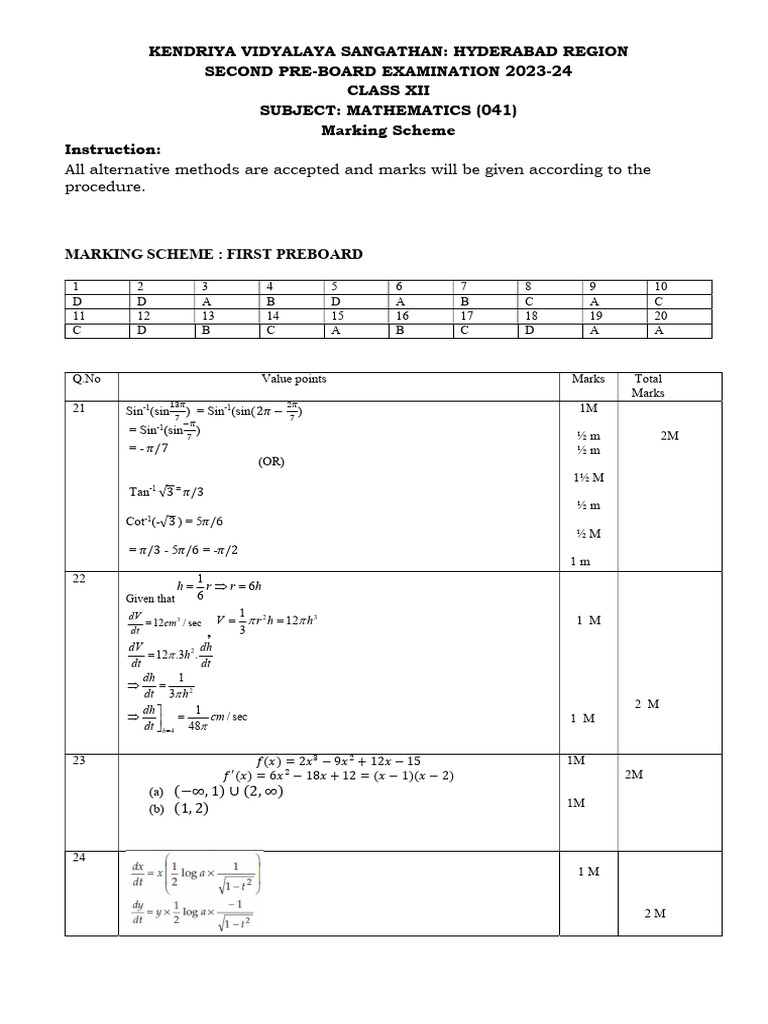 Pre Board 2 Maths Answer Key | PDF | Mathematics