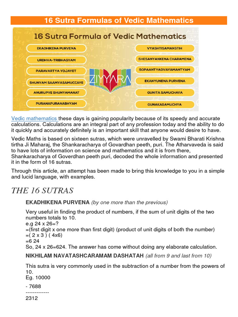 16 Sutra Formulas of Vedic Mathematics | PDF