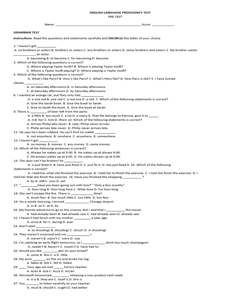 English Proficiency Test - PRE-TEST | PDF | Linguistics | Human ...