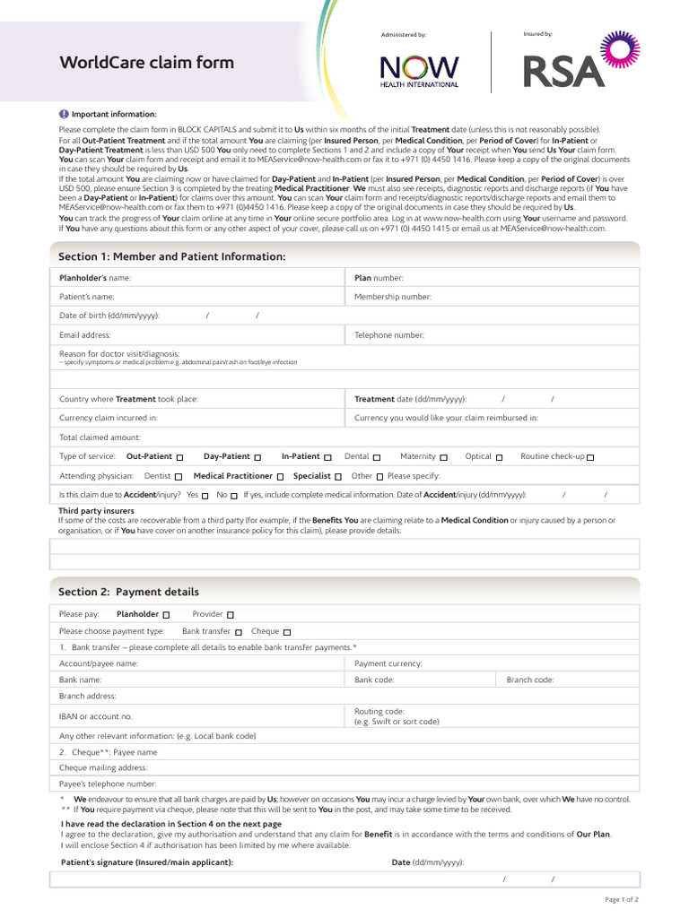 NOW HEALTH Claim - Form - Uae - Rsa | PDF | Patient | United Arab Emirates