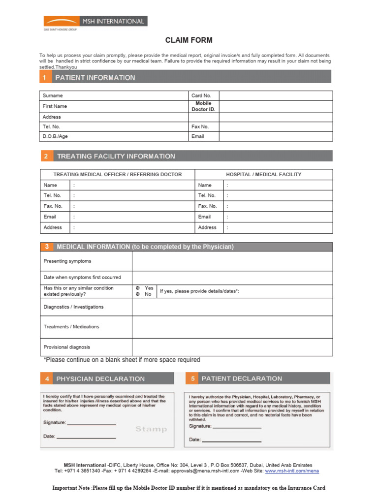 MSH Claim Form Dubai - GCC | PDF