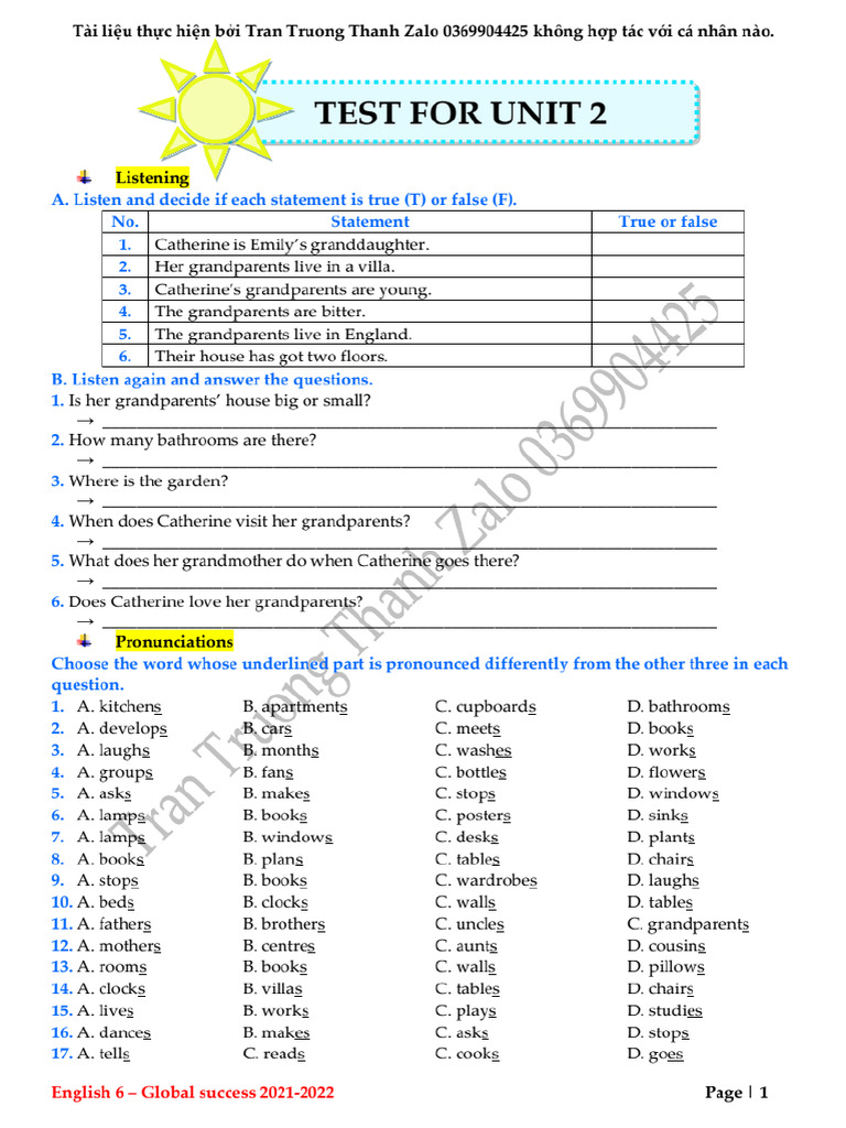 Bài tập bổ trợ Anh 6 Global unit 2 | PDF