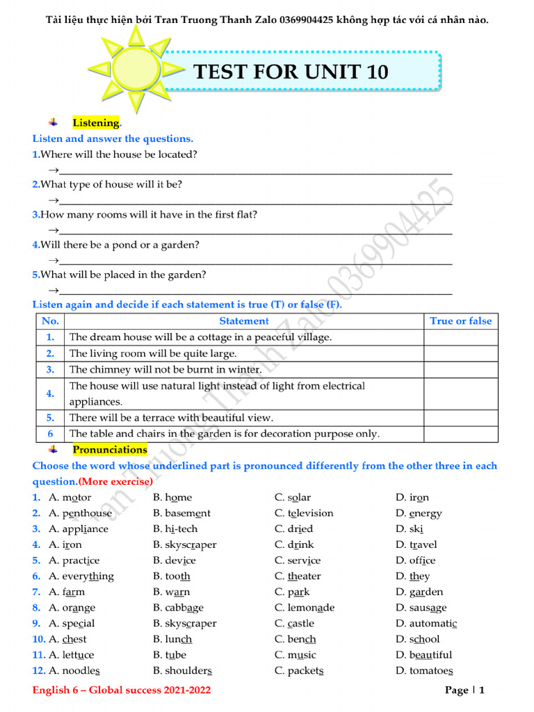 Bài tập bổ trợ Anh 6 Global unit 10 | PDF