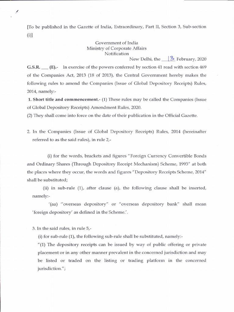 MCA Companies GDR Rules Amendment 2020 | PDF | Private Sector | Companies MCA Companies GDR Rules Amendment 2020 | PDF | Private Sector | Companies