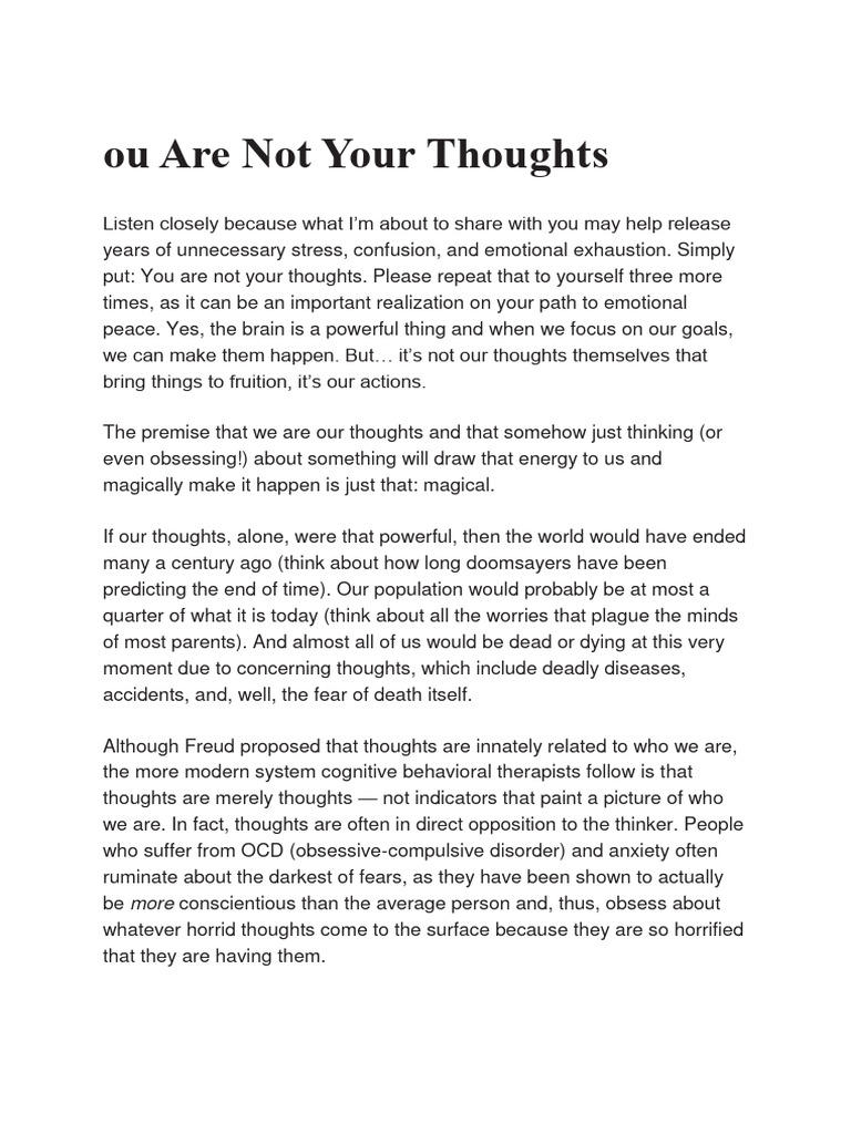 You Are Not Your Thoughts: A Guide | PDF | Thought | Obsessive ...