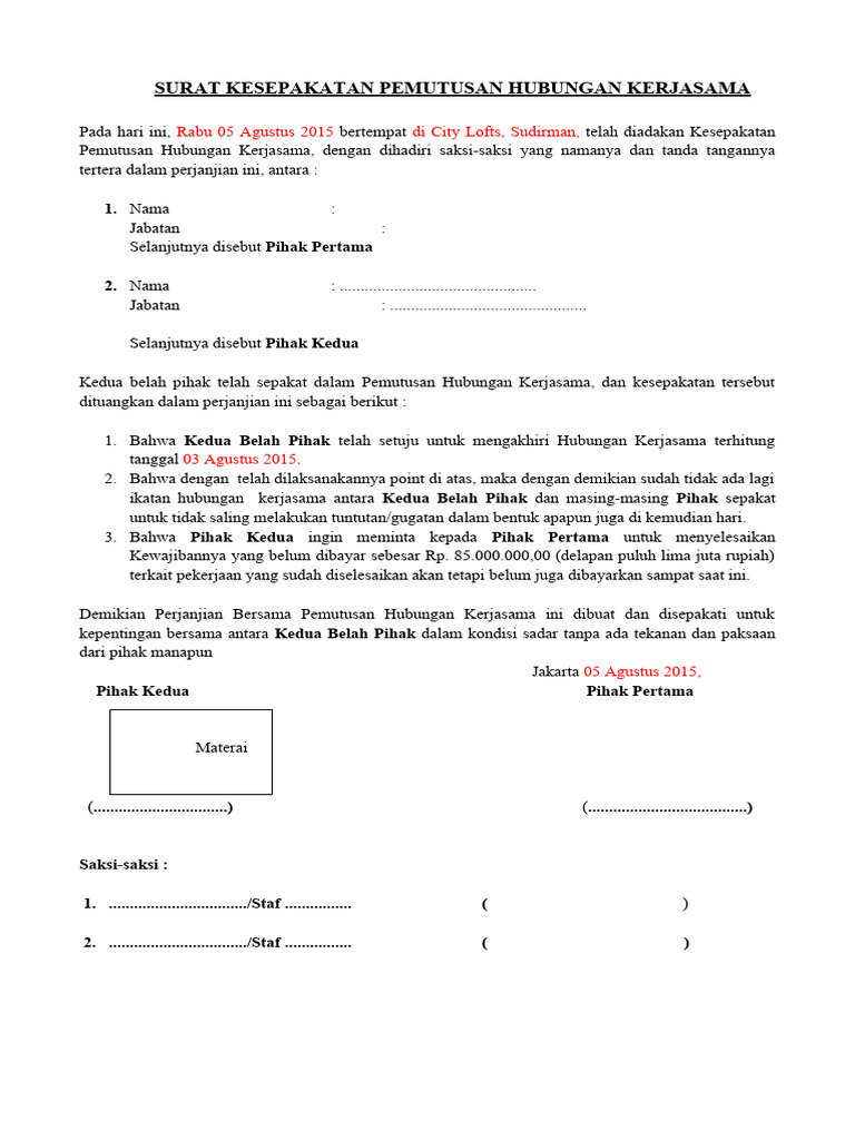 Surat Pemutusan Hubungan Kerjasama | PDF | Hukum