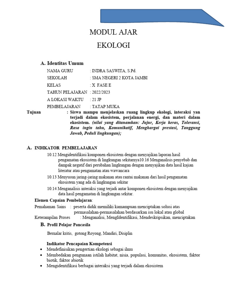 Modul Ajar Ekologi | PDF
