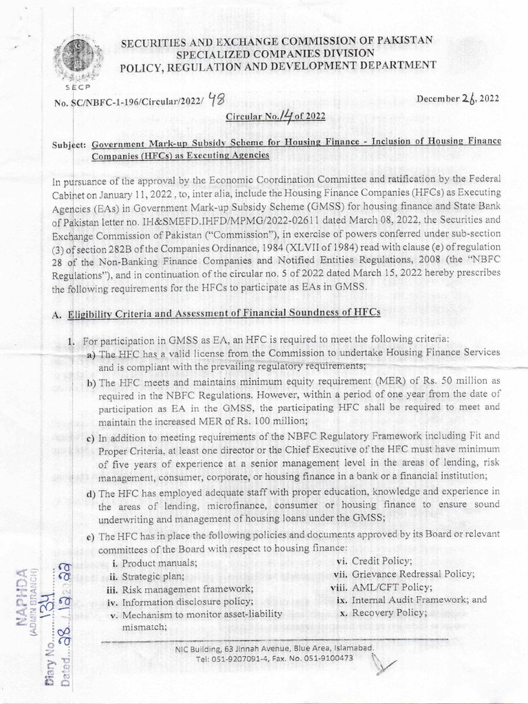 Gmss Inclusion of Hfcs As Executing Agencies Secp Letter Dated 26 Dec ...
