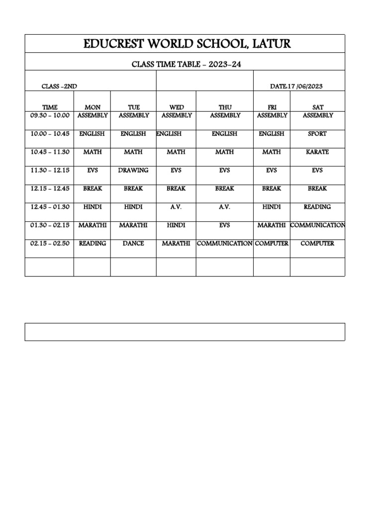 Educrest World School, Latur: Class Time Table - 2023-24 | PDF