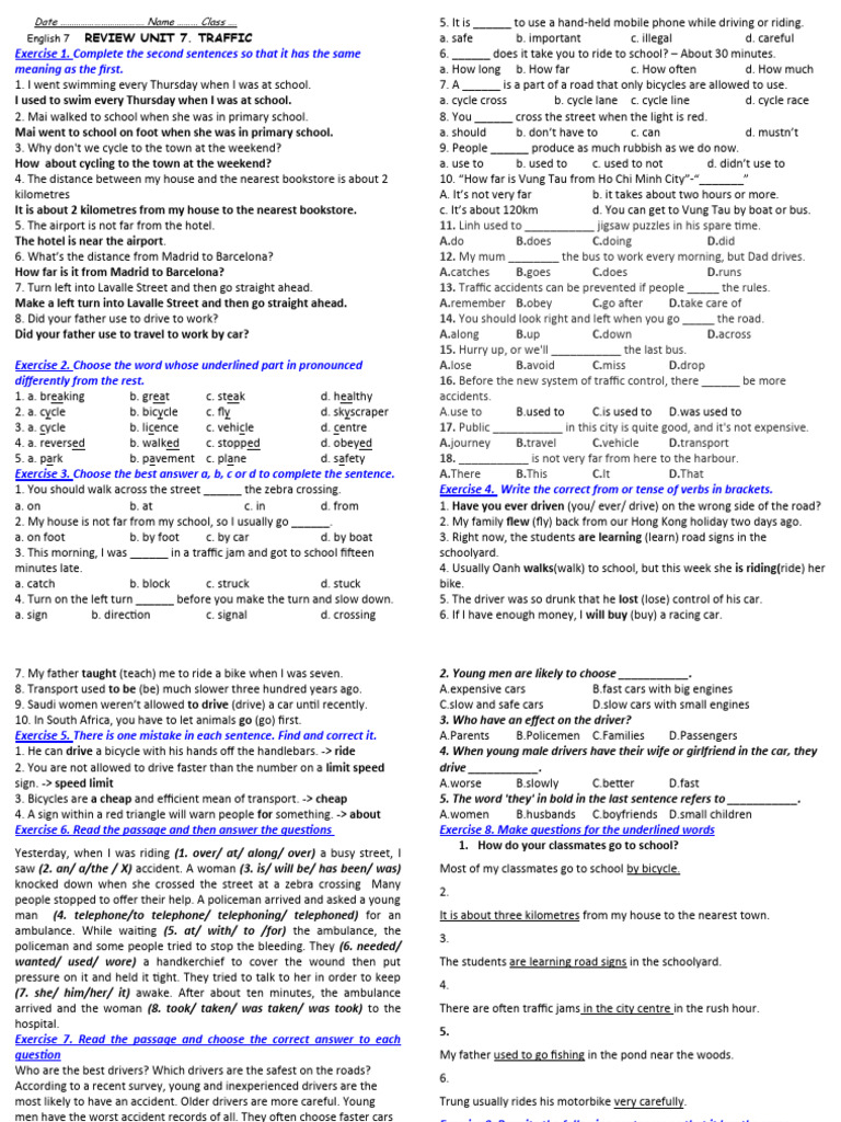 Review Unit 7. Traffic: English 7 | Download Free PDF | Traffic | Land Transport