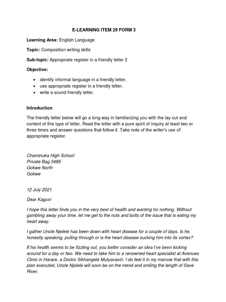 Form 3 Friendly Letter Skills | PDF | Language Arts & Discipline