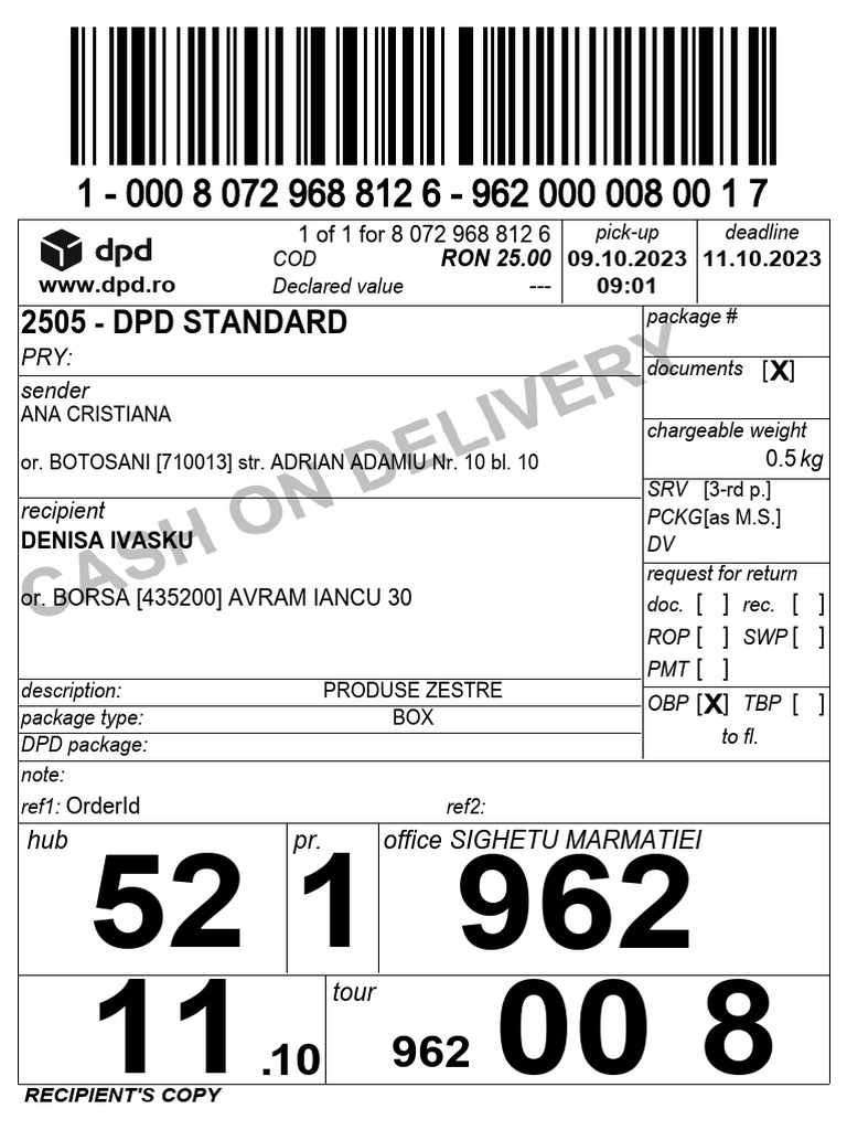 2505 - DPD Standard: 1 of 1 For 8 072 968 812 6 | PDF