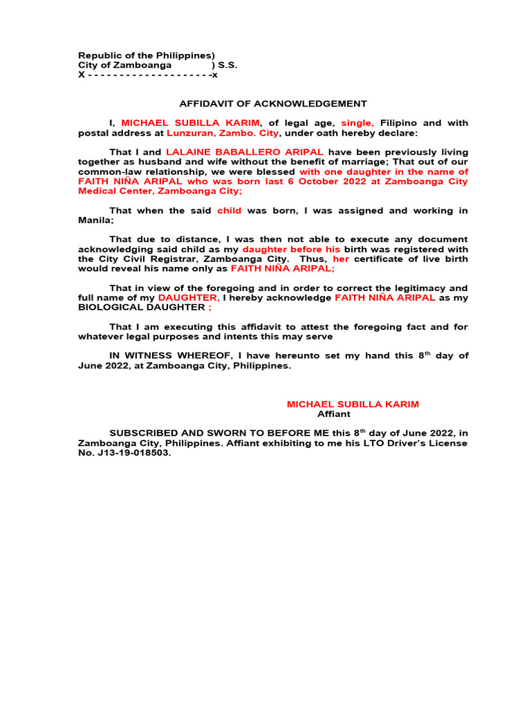 Acknowledgement | PDF | Affidavit | Legal Documents