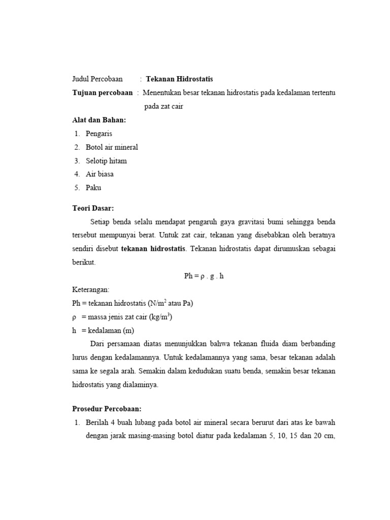 Tekanan Hidrostatis pada Kedalaman Air | PDF