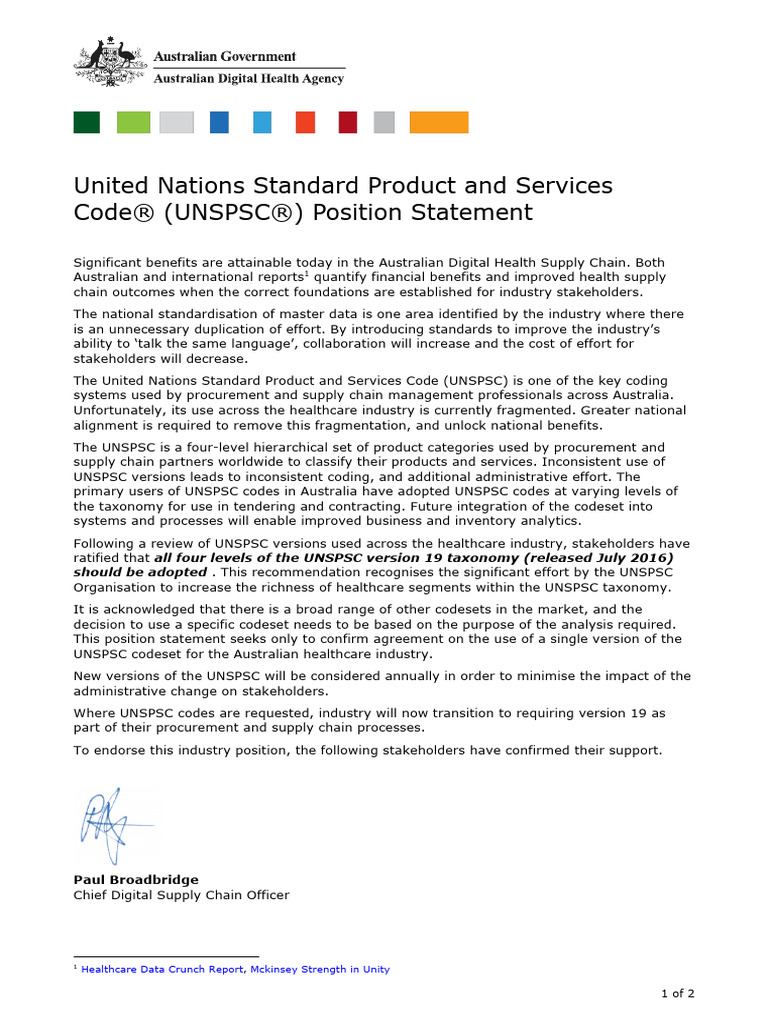 Digital Health Supply Chain Unspsc Statement Final 20161025 | PDF