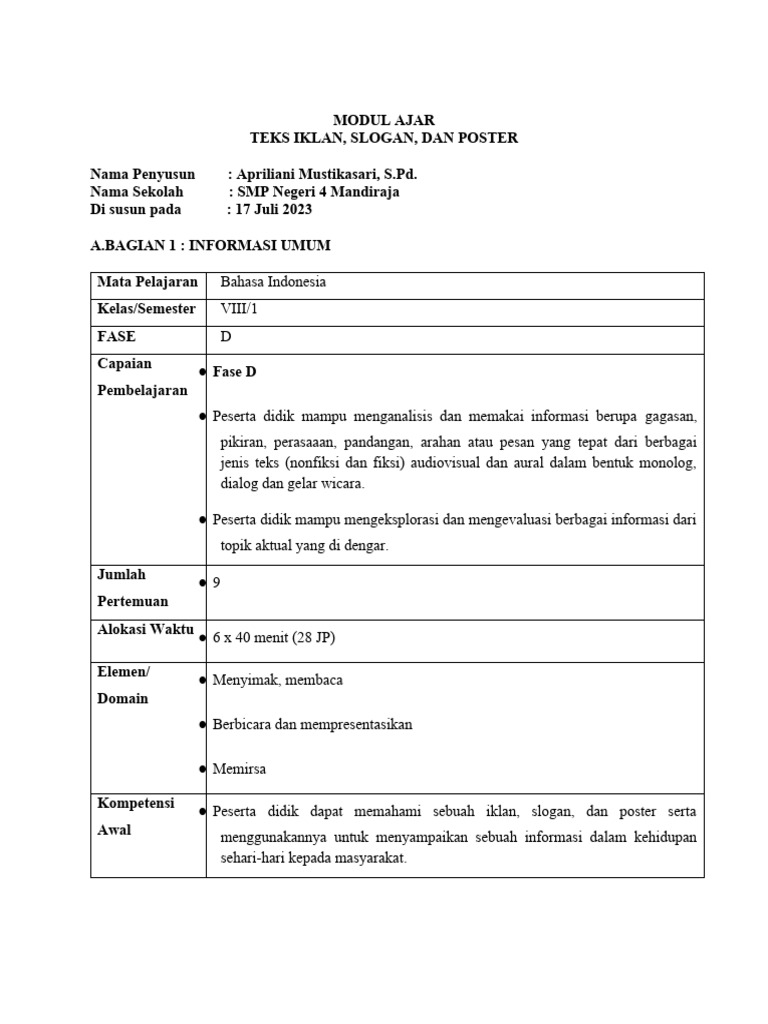 Modul Ajar Teks Iklan, Slogan, Dan Poster | PDF