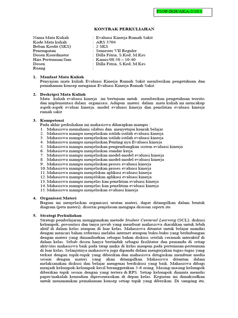 Contoh Kontrak Perkuliahan Evaluasi Kinerja RS | PDF