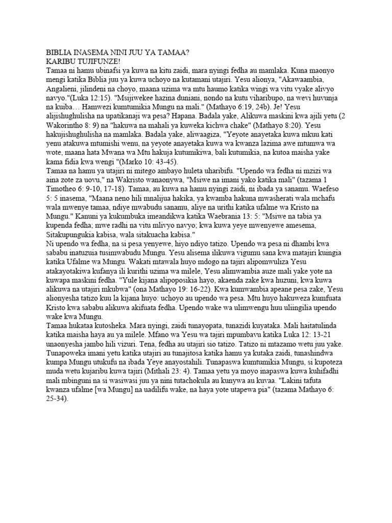 Biblia Inasema Nini Juu Ya Tamaa | PDF
